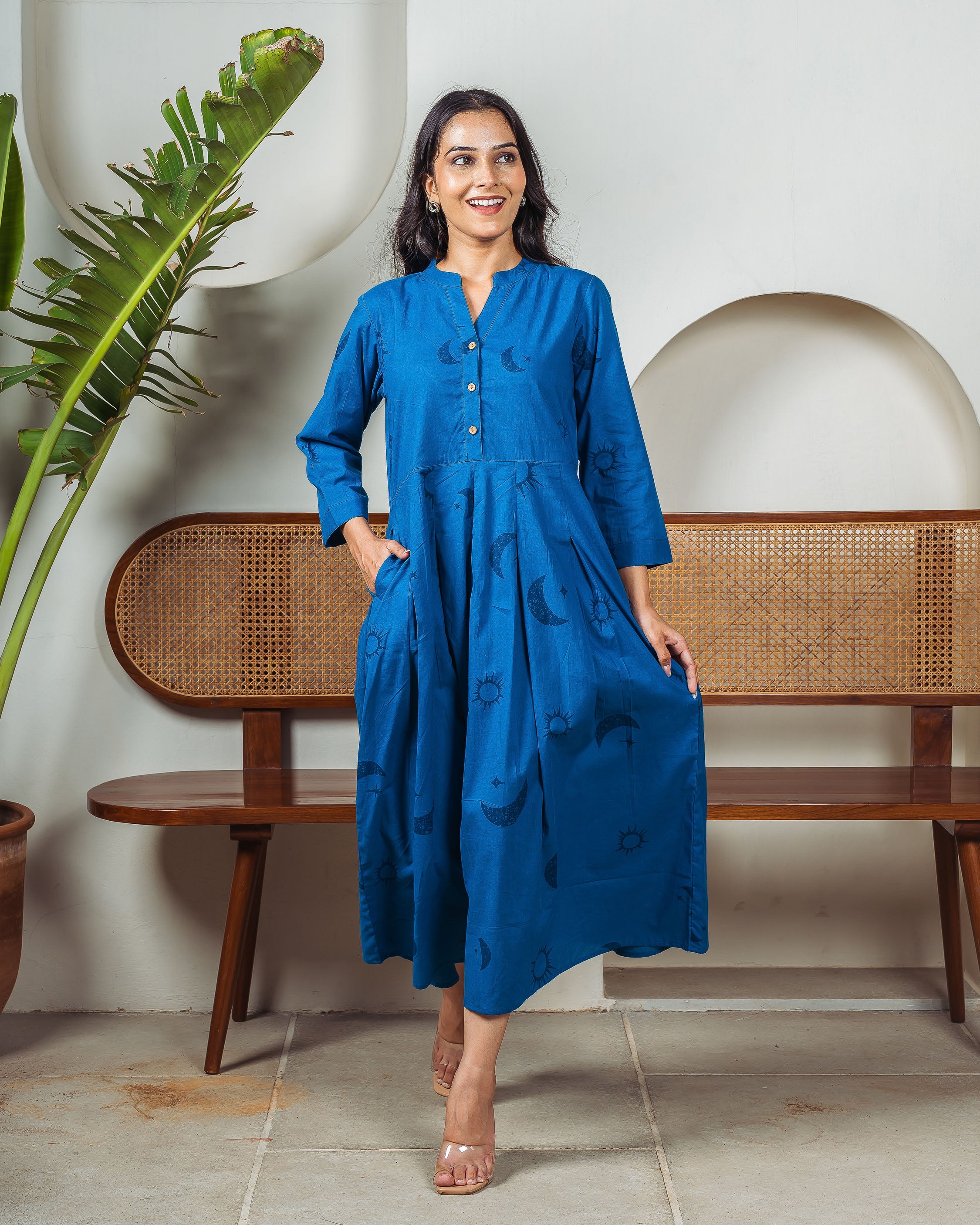 Teal Eclipse Cotton Midi Dress with Pockets – Fashiana