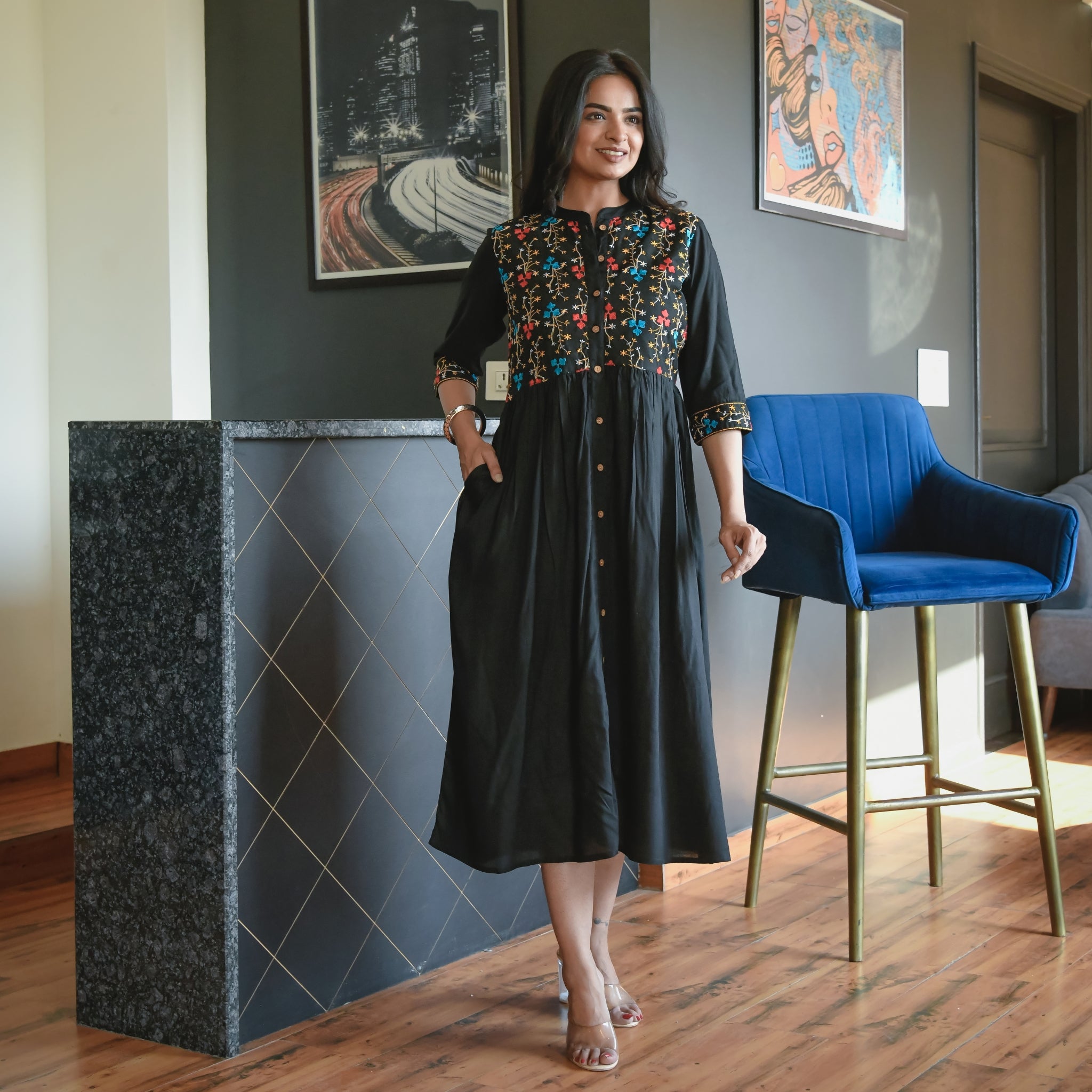 Embroidered Button Down Black Rayon Dresses – Fashiana