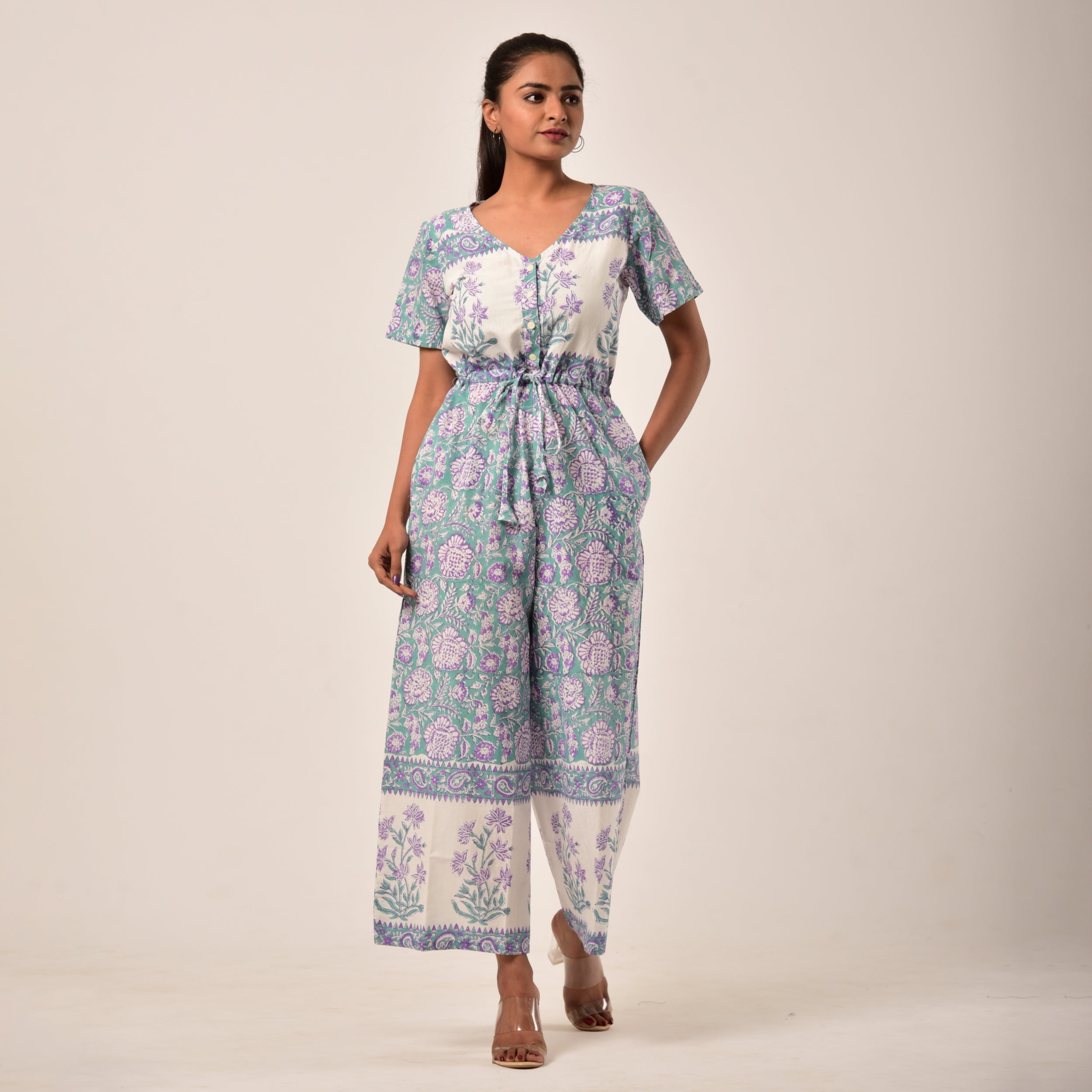 Cotton Hand Block Print Sea Green Jumpsuit – Fashiana