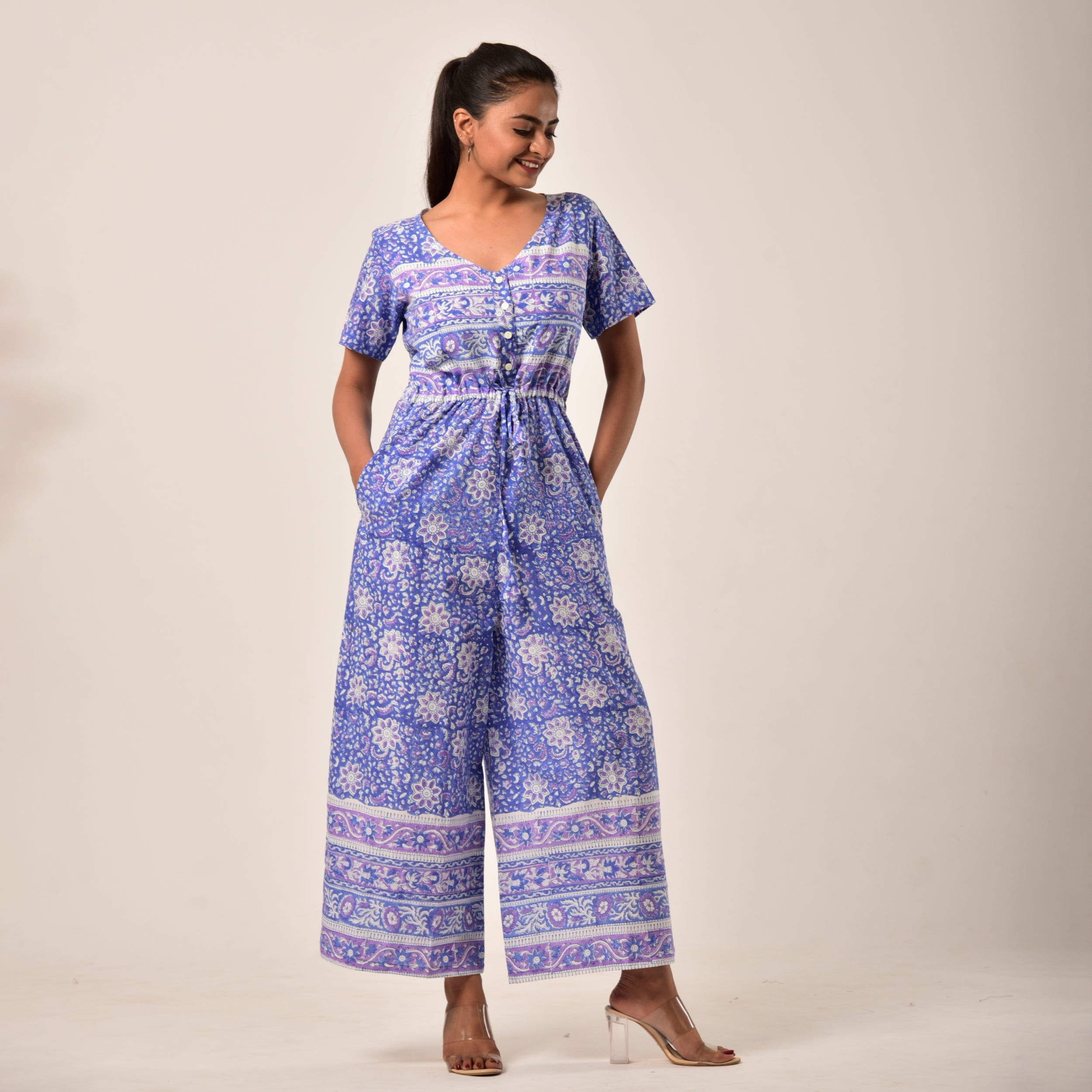 Cotton Hand Block Print Blue Jumpsuit – Fashiana